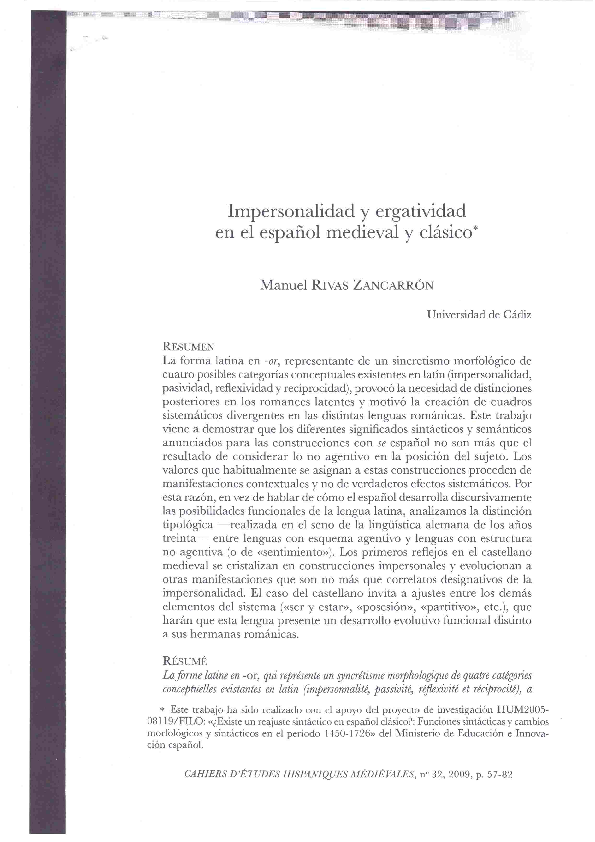 (PDF) Impersonalidad y ergatividad en el español medieval y clásico