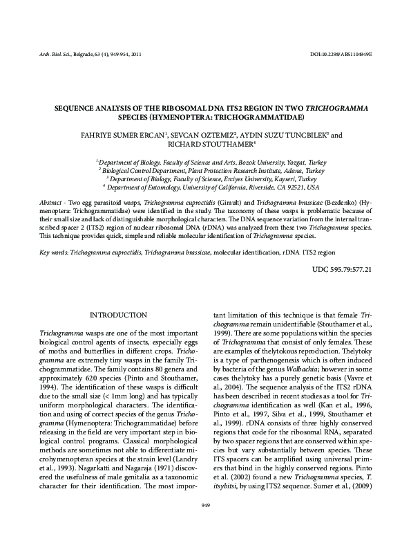 (PDF) Sequence analysis of the ribosomal DNA ITS2 region in two Trichogramma species ...