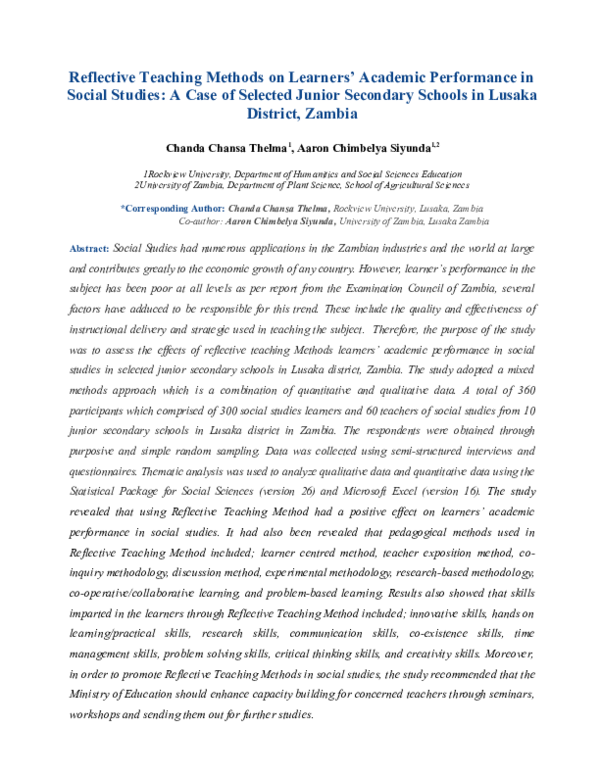 (DOC) Reflective Teaching Methods on Learners' Academic Performance in ...