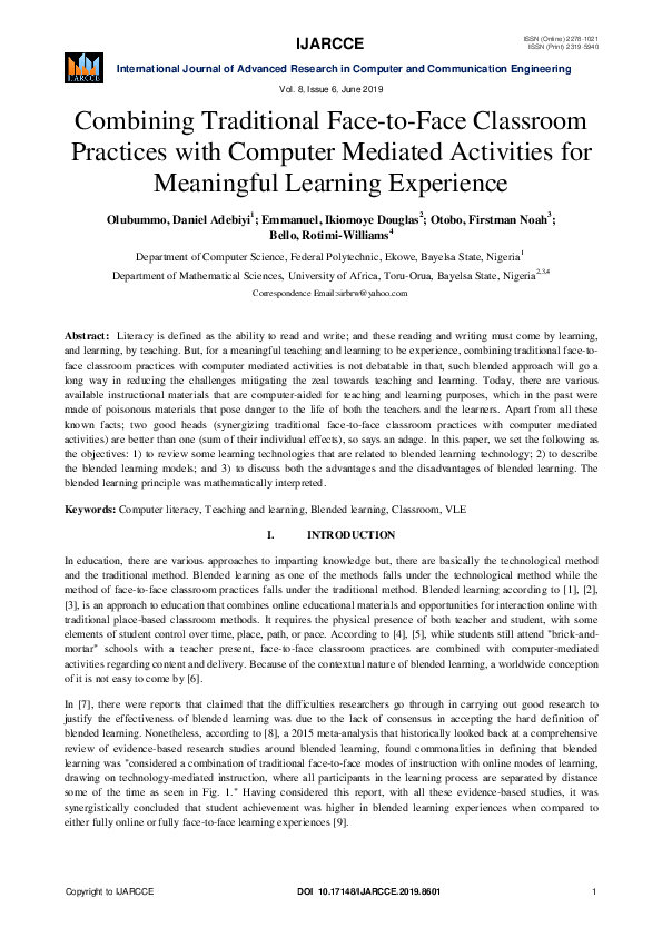 (PDF) Face-to-Face Activities in Blended Learning: New Opportunities in the Classroom?