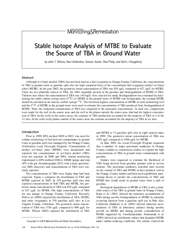 (PDF) Stable Isotope Analysis of MTBE to Evaluate the Source of TBA in ...