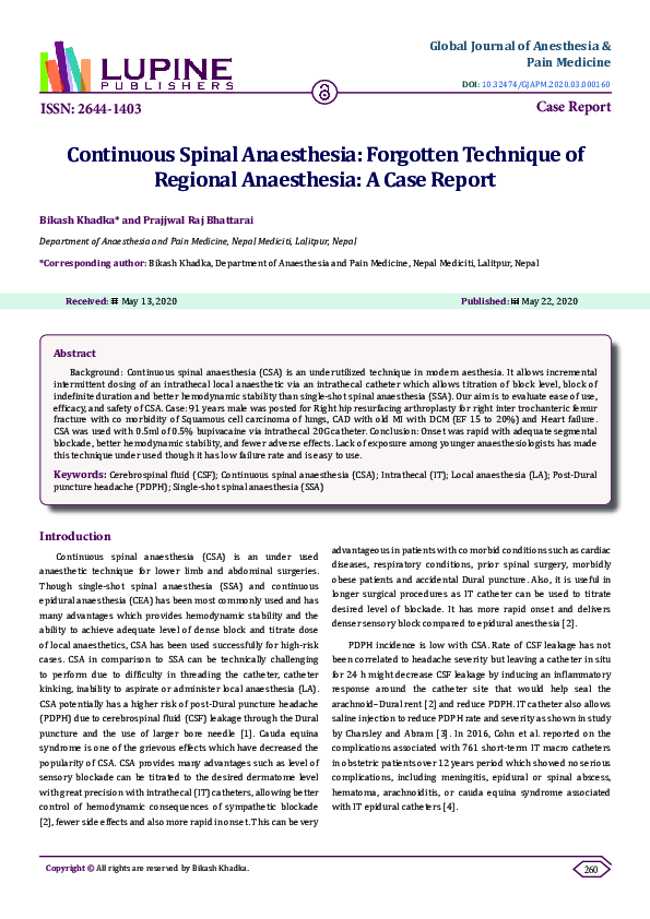 (PDF) Continuous Spinal Anaesthesia: Forgotten Technique of Regional ...