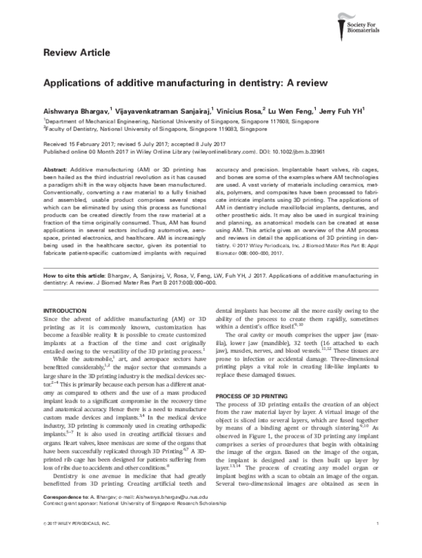 (PDF) Applications of additive manufacturing in dentistry: A review