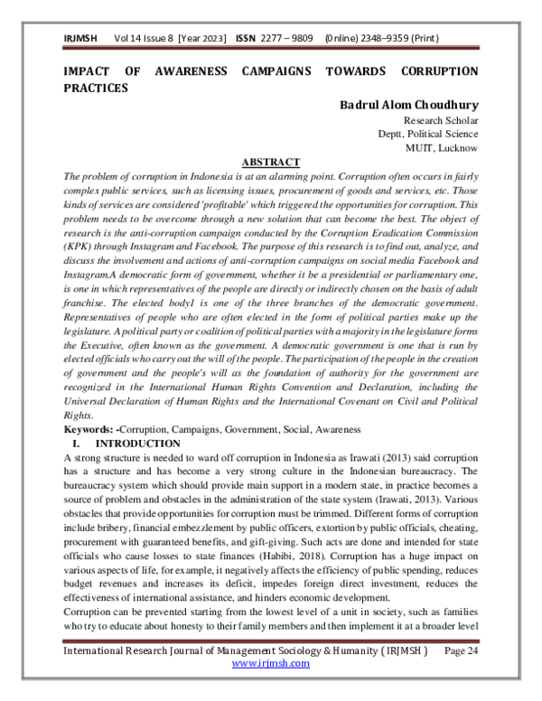 (PDF) IMPACT OF AWARENESS CAMPAIGNS TOWARDS CORRUPTION PRACTICES