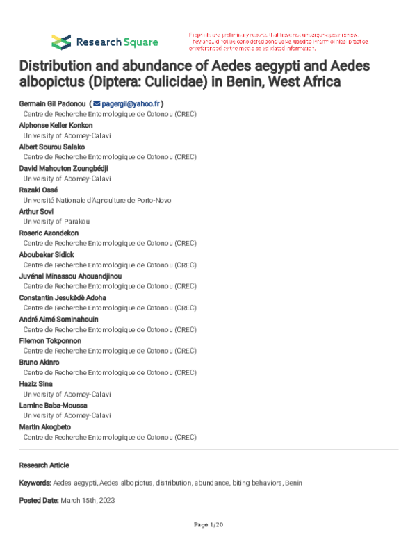 (PDF) Distribution and abundance of Aedes aegypti and Aedes albopictus (Diptera: Culicidae) in ...
