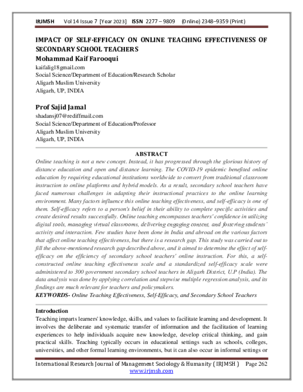 (PDF) IMPACT OF SELF-EFFICACY ON ONLINE TEACHING EFFECTIVENESS OF ...