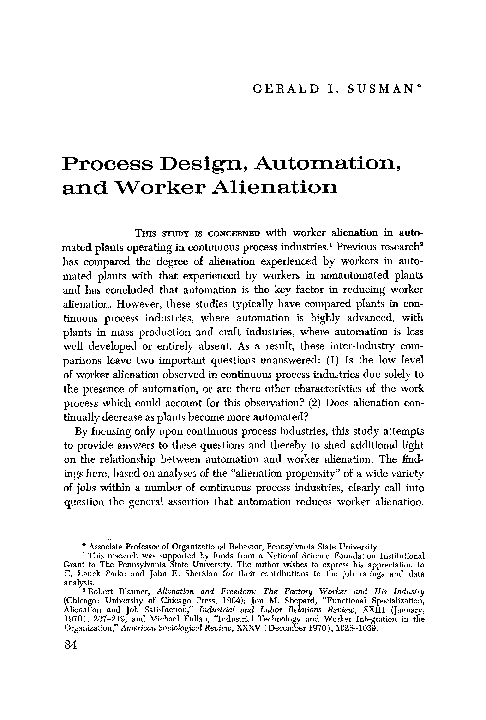 (PDF) Process Design, Automation, and Worker Alienation