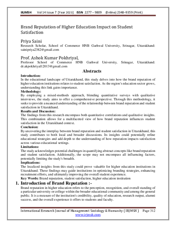 (PDF) Brand Reputation of Higher Education Impact on Student Satisfaction