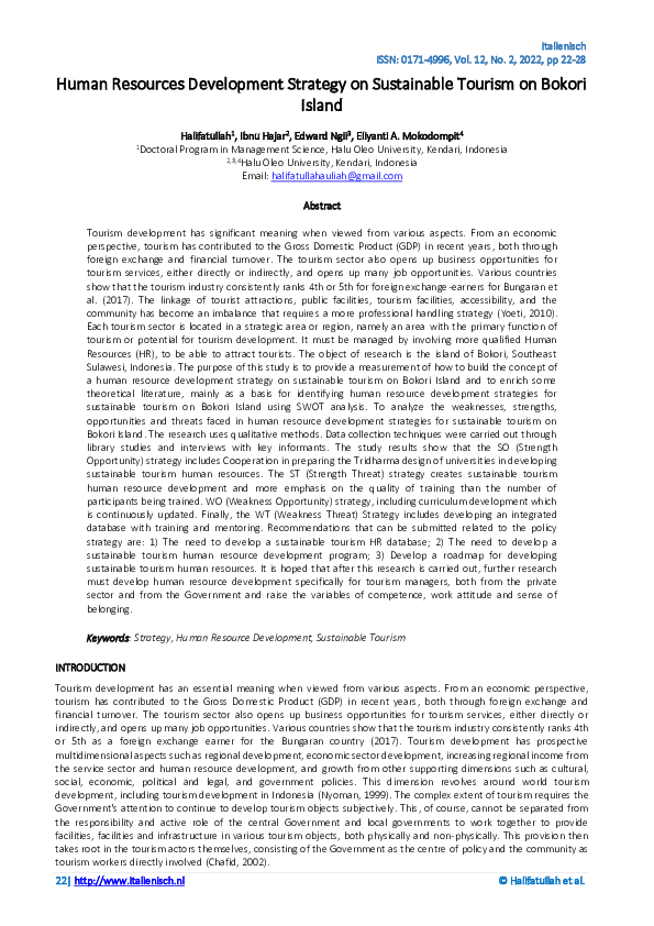 (PDF) Human Resources Development Strategy on Sustainable Tourism on Bokori Island