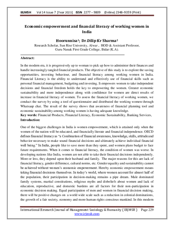 (PDF) Economic empowerment and financial literacy of working women in India