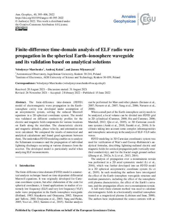 Pdf Finite Difference Time Domain Analysis Of Elf Radio Wave Propagation In The Spherical
