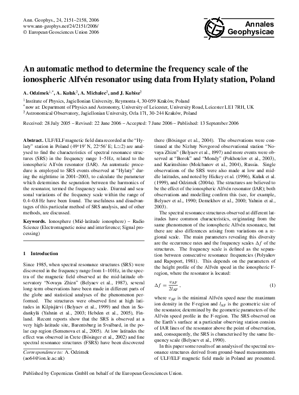 (PDF) An automatic method to determine the frequency scale of the ionospheric Alfvén resonator ...
