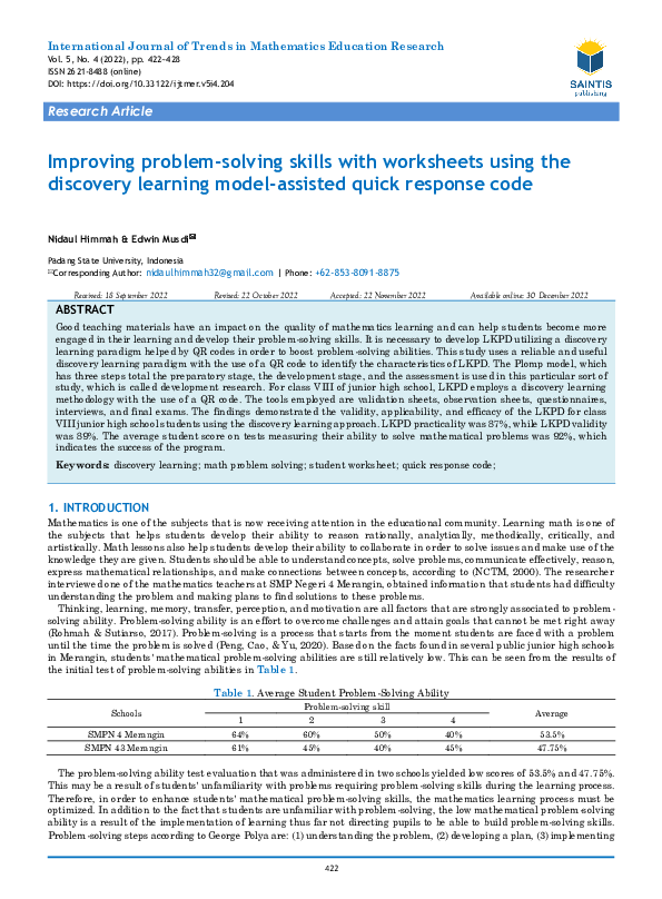 (PDF) Improving problem-solving skills with worksheets using the discovery learning model ...