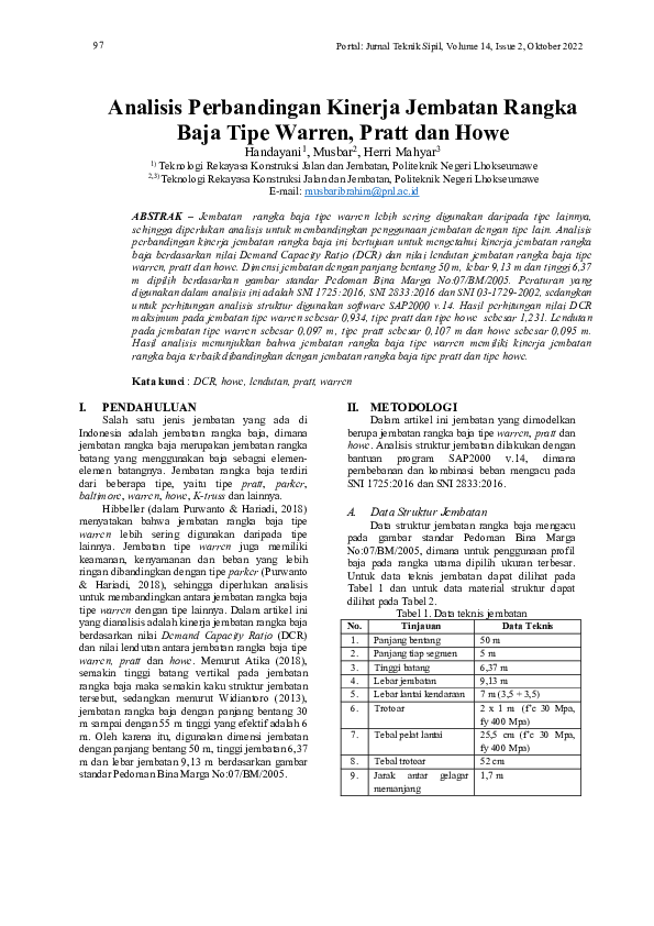 (PDF) Analisis Perbandingan Kinerja Jembatan Rangka Baja Tipe Warren, Pratt Dan Howe | Musbar ...