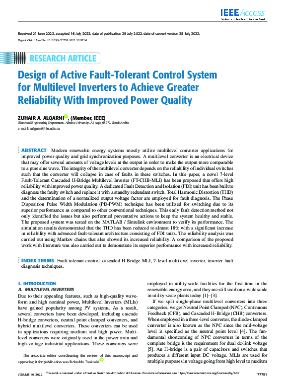 (PDF) Design of Active Fault-Tolerant Control System for Multilevel Inverters to Achieve Greater ...