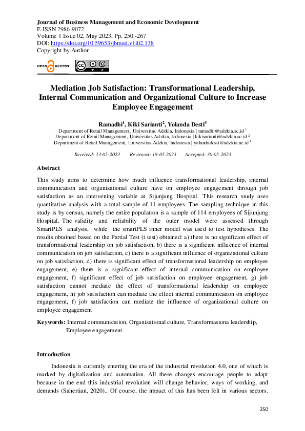 (PDF) Mediation Job Satisfaction: Transformational Leadership, Internal Communication and ...