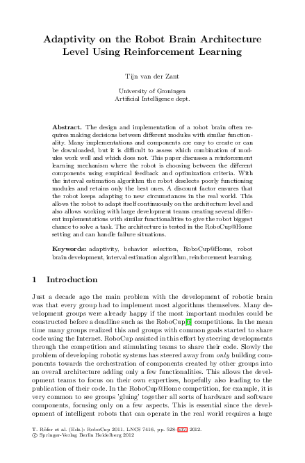 (PDF) Adaptivity on the Robot Brain Architecture Level Using Reinforcement Learning