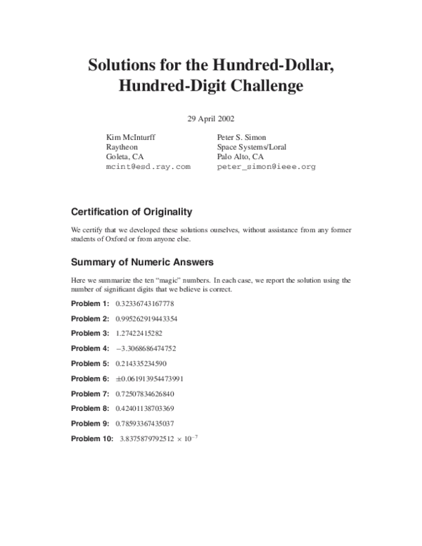 (PDF) Solutions for the Hundred-Dollar, Hundred-Digit Challenge