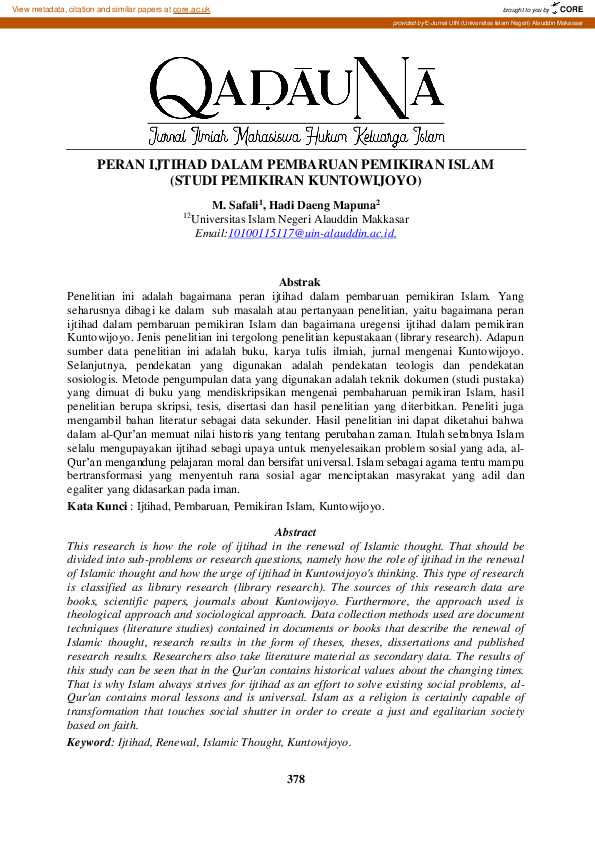 (PDF) Peran Ijtihad Dalam Pembaruan Pemikiran Islam (Studi Pemikiran Kuntowijoyo)