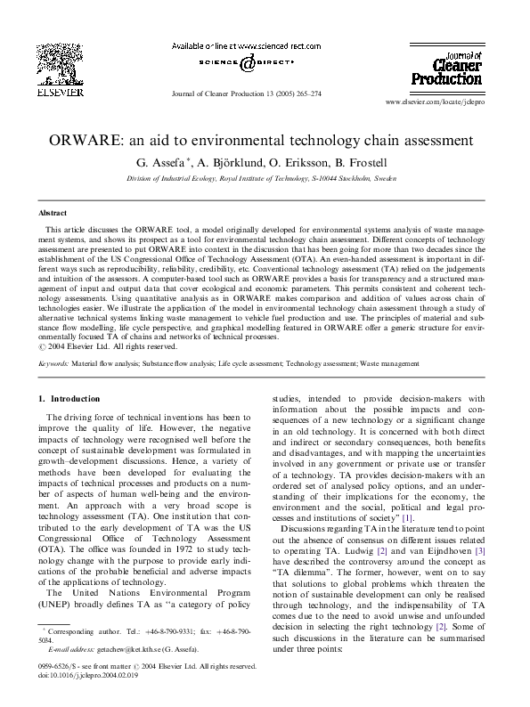 ORWARE: an aid to environmental technology chain assessment