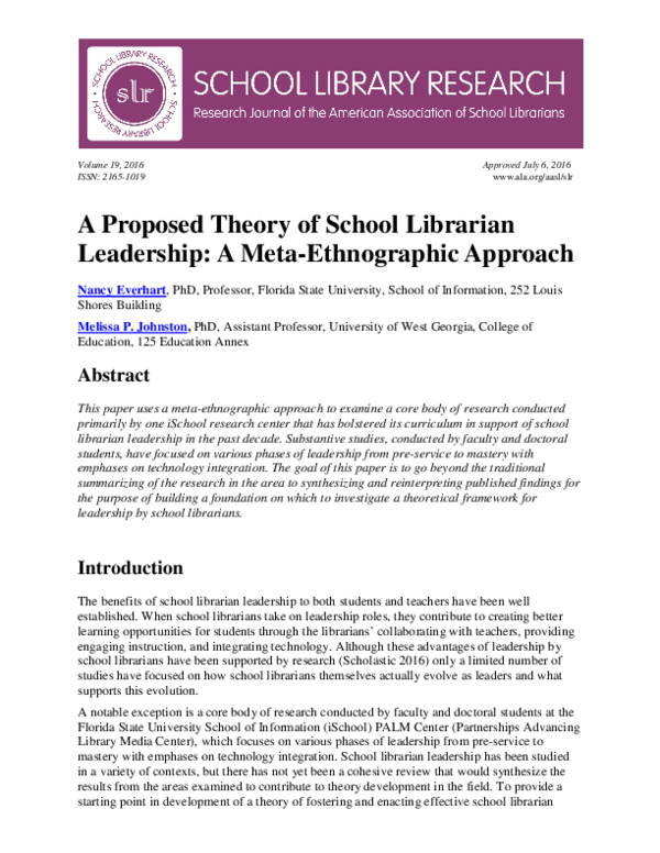 (PDF) A Proposed Theory of School Librarian Leadership: A Meta ...