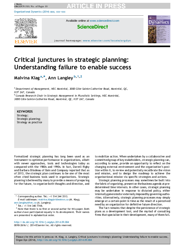 (PDF) Critical junctures in strategic planning: Understanding failure ...