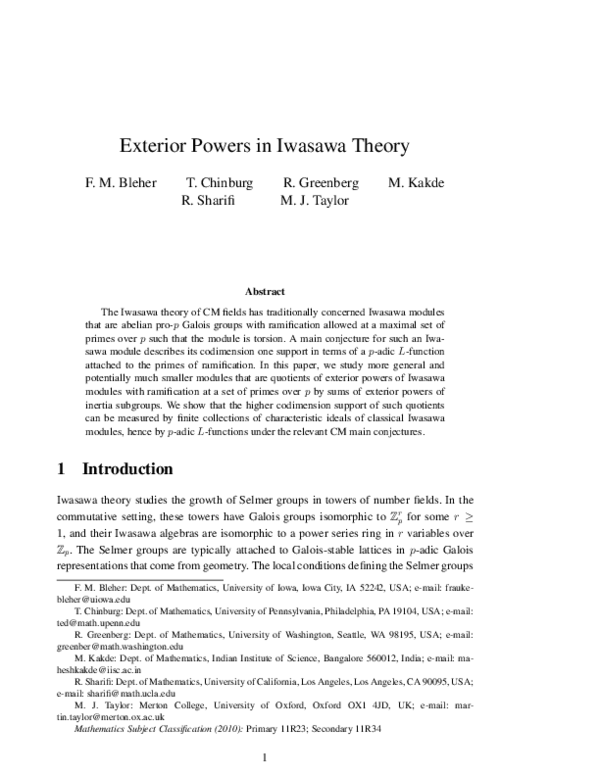 (PDF) Exterior powers in Iwasawa theory