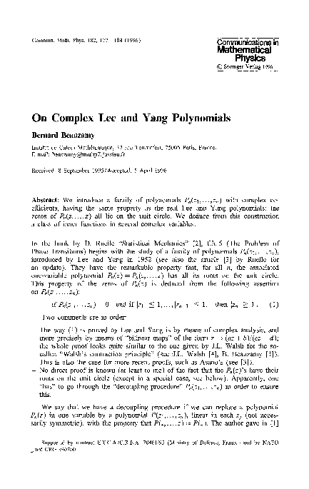 (PDF) On complex Lee and Yang polynomials
