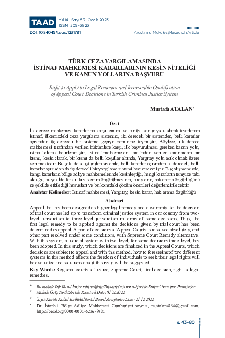 (PDF) Türk Ceza Yargilamasinda İsti̇naf Mahkemesi̇ Kararlarinin Kesi̇n ...