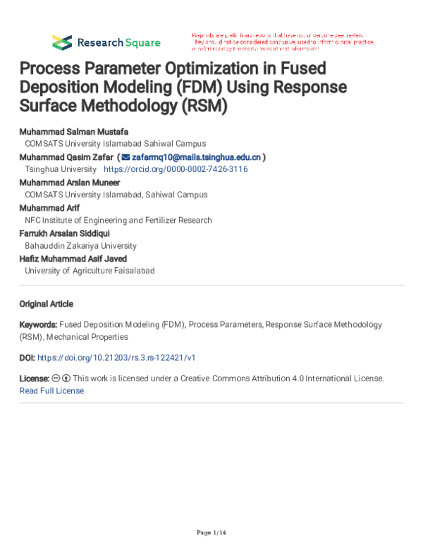 (PDF) Process Parameter Optimization in Fused Deposition Modeling (FDM) Using Response Surface ...