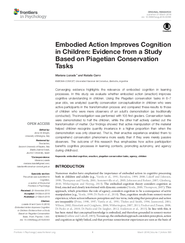 (PDF) Embodied Action Improves Cognition in Children: Evidence from a Study Based on Piagetian ...