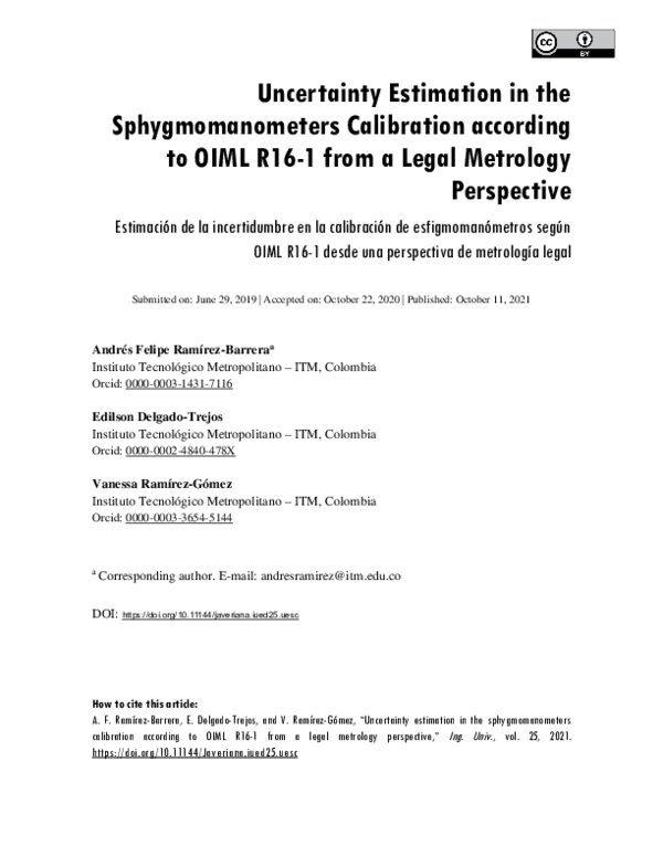 (PDF) Uncertainty Estimation in the Sphygmomanometers Calibration ...