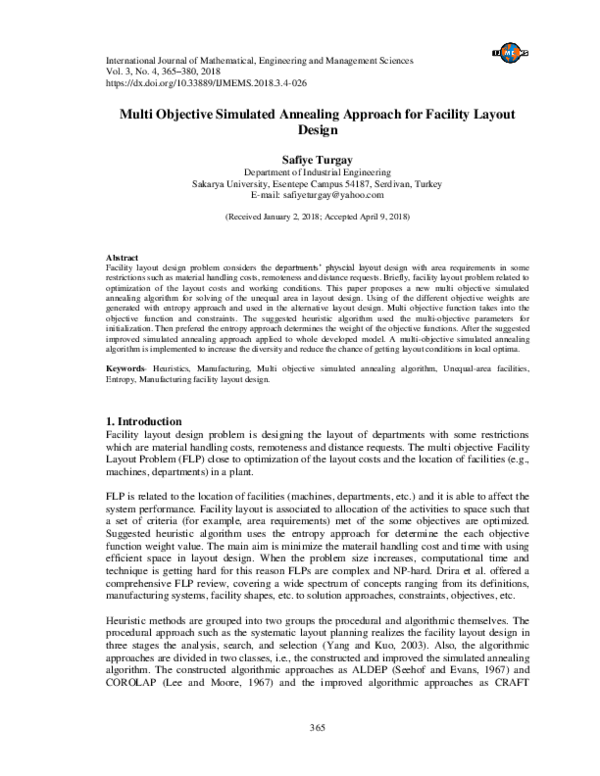 (PDF) Multi Objective Simulated Annealing Approach for Facility Layout Design | Safiye TURGAY ...