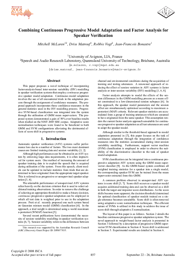 (PDF) Combining continuous progressive model adaptation and factor analysis for speaker verification