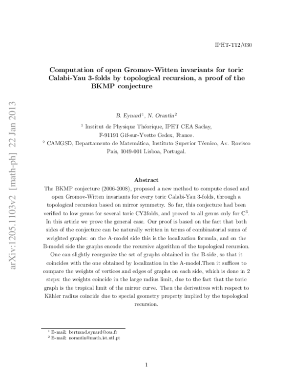 (PDF) Computation of Open Gromov–Witten Invariants for Toric Calabi–Yau ...