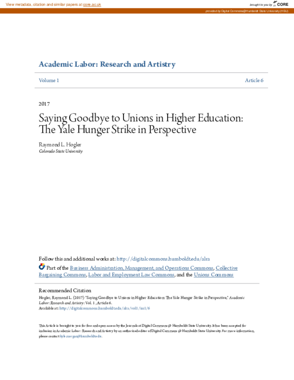 (PDF) Saying Goodbye to Unions in Higher Education: The Yale Hunger ...