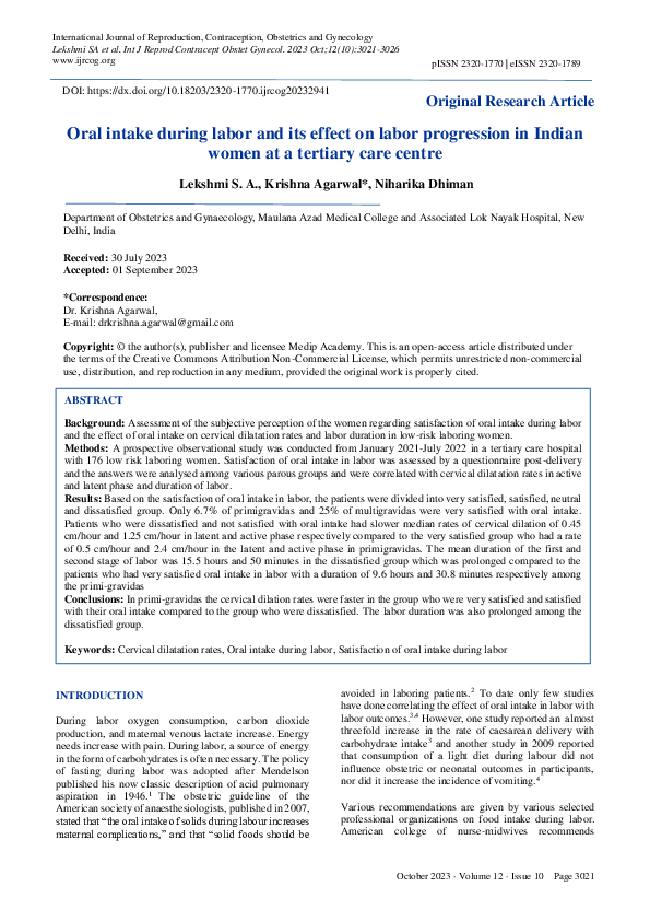 (PDF) Oral intake during labor and its effect on labor progression in ...