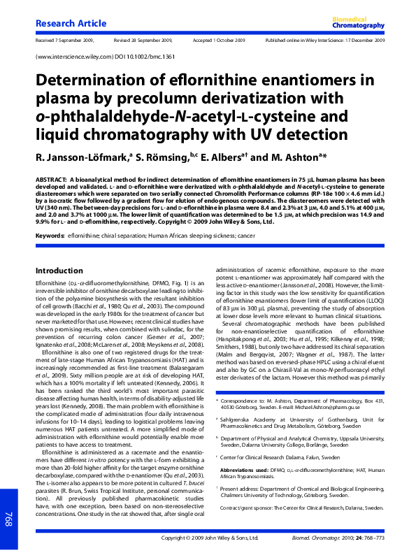 (PDF) Determination of eflornithine enantiomers in plasma by precolumn ...