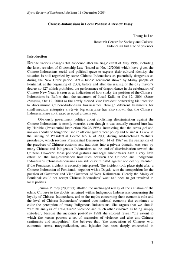 (PDF) Chinese-Indonesians in Local Politics: A Review Essay
