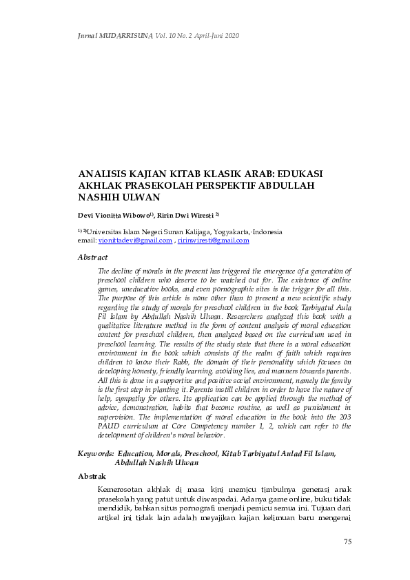 (PDF) Analisis Kajian Kitab Klasik Arab: Edukasi Akhlak Prasekolah ...