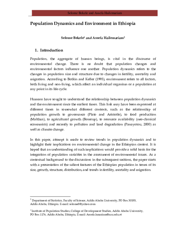 (PDF) Population Dynamics and Environment in Ethiopia: An Overview