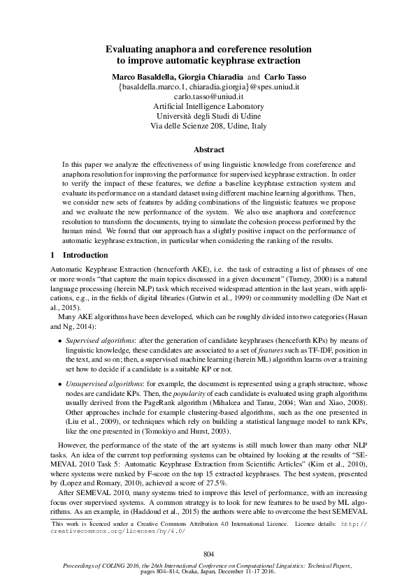 (PDF) Evaluating anaphora and coreference resolution to improve automatic keyphrase extraction