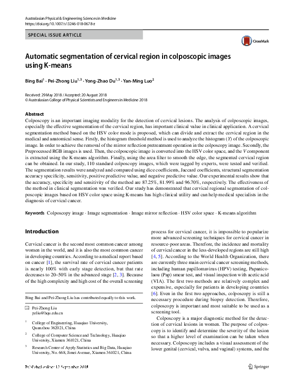 (PDF) Automatic segmentation of cervical region in colposcopic images using K-means