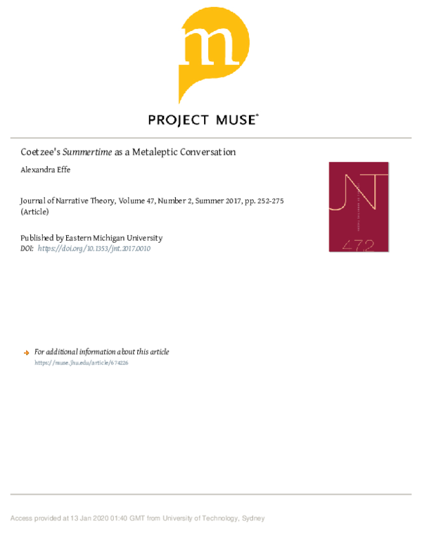 (PDF) Coetzee's Summertime as a Metaleptic Conversation