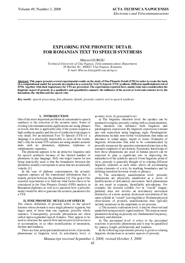 (PDF) Exploring Fine Phonetic Detail for Romanian Text to Speech Synthesis