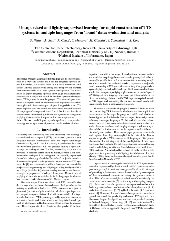 (PDF) Unsupervised and lightly-supervised learning for rapid construction of TTS systems in ...