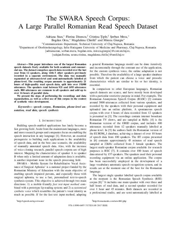 (PDF) The SWARA speech corpus: A large parallel Romanian read speech ...