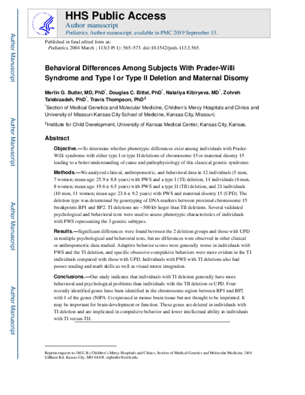 (PDF) Behavioral Differences Among Subjects With Prader-Willi Syndrome ...