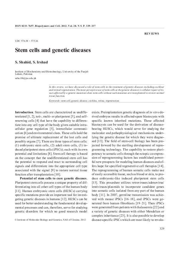 (PDF) Stem cells and genetic diseases