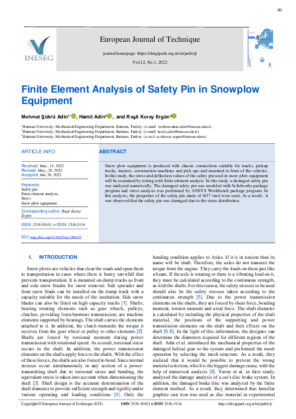 (PDF) Finite Element Analysis of Safety Pin in Snowplow Equipment